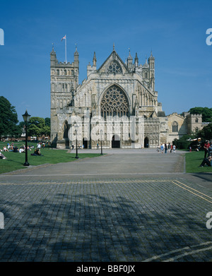 The medieval west front of Exeter cathedral and the war memorial ...