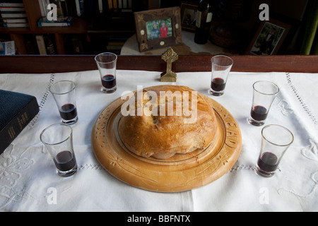 Table set for with bread and wine for Holy Communion in home church UK ...
