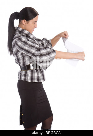 Angry business woman tearing paper documents in office Stock Photo - Alamy