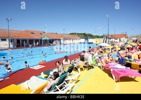 Stonehaven Open Air Pool, Aberdeenshire, Scotland. Swimmers enjoying ...