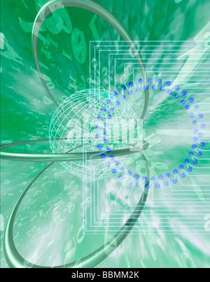 Digital composite image of circular pattern with dna and hexagon shape ...