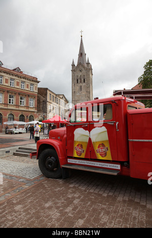 town square of Cesis, famous Cesu beer promotion truck, Latvia, Baltic ...