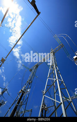 Powerline towards blue sky Stock Photo - Alamy