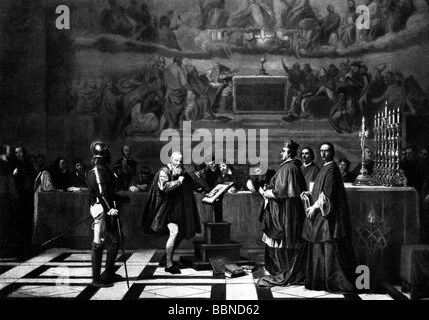 Galileo Galilei at his trial by the Inquisition in Rome in 1633. He is ...