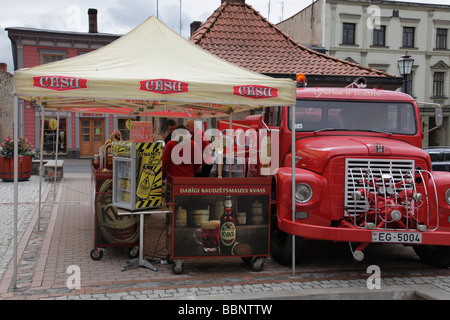 town square of Cesis, famous Cesu beer promotion truck, Latvia, Baltic ...