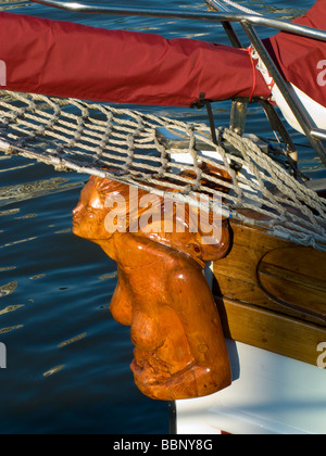 Carved wooden figurehead on the prow of the replica Viking ship Hugin ...