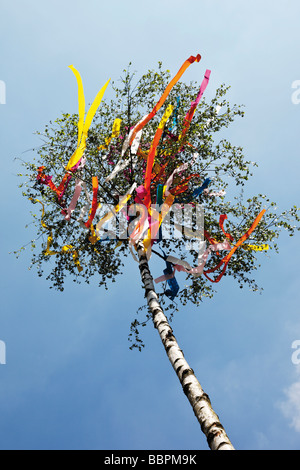 The top of a maypole with coloured ribbons Stock Photo - Alamy