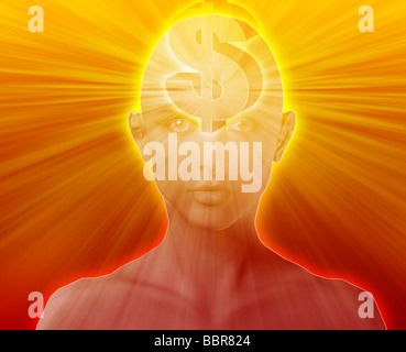 Woman thinking about money dollars,floating over head Stock Photo - Alamy