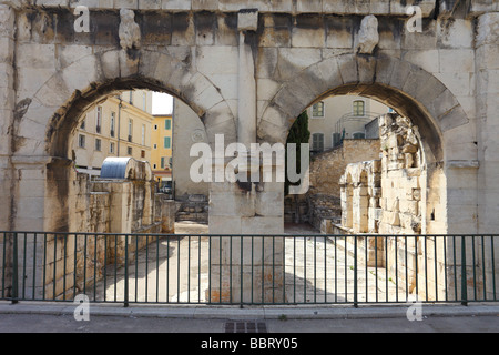 Ancient roman city gate Nimes Porta Augusta Languedoc-Rousillon France ...