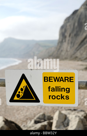 Warning sign of loose rocks and falling and slipping danger along a ...