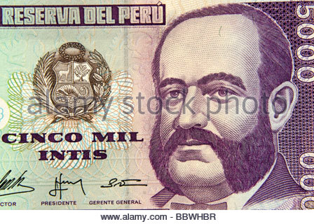 Money Peru currency detail of Peruvian 10 Inti banknote Stock Photo ...