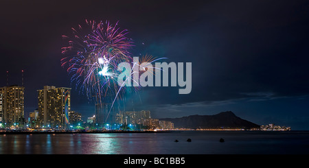 Fireworks garnish the Waikiki night skyline with sprouting skyrockets ...