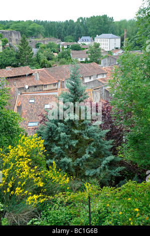 View of the picturesque medieval town of Parthenay with an old bridge ...