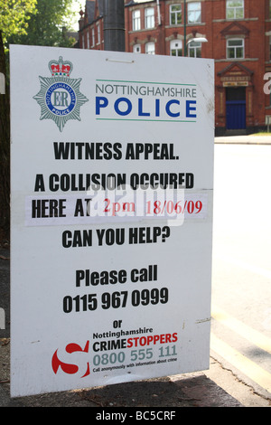 A Nottinghamshire Police roadside Witness Appeal sign at the scene of a ...