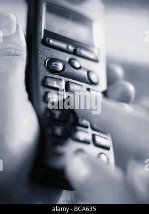 Studio, hands and person with phone, typing and icon for texting, post ...