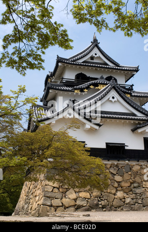 Japan, Hikone Castle. Main keep, borogata style three stories tenshu ...