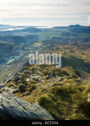 View from the summit of Cnicht (The Knight) mountain, looking across Cwm Croesor towards Moelwyn ...