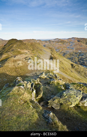 View from the summit of Cnicht (The Knight) mountain, looking across Cwm Croesor towards Moelwyn ...