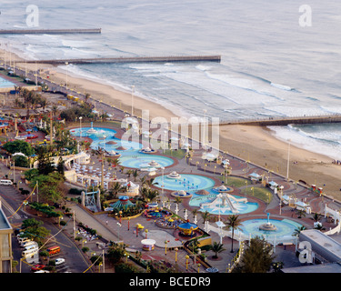 Aerial view of Durban beach front showing the piers extending into the ...