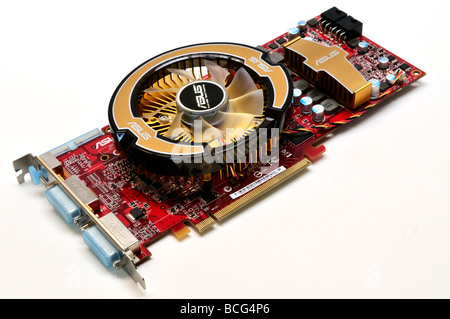 Modern graphics card with fan cooler on white background. Computer ...