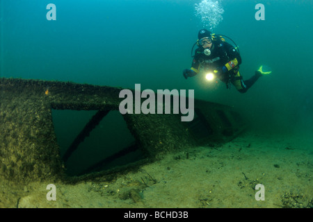 Diver at Milano I Wreck Steamer Boat built 1885 Lake Lugano Ticino ...