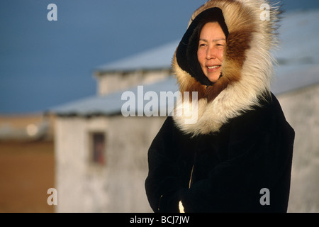 Yupik woman in traditional winter parka Hooper Bay Western Alaska ...