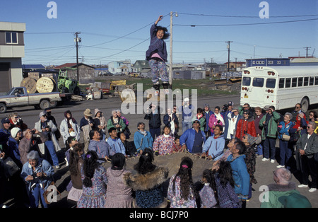 Summer visitors view Eskimo blanket toss Kotzebue Alaska Stock Photo ...
