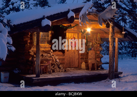Interior Alaska Log Cabin Forest Winter Porch Light Snow Sky Dusk Stock ...