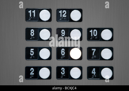 Elevator buttons on lift control panel at mall, hotel, business center ...