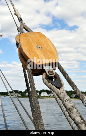 Tall Ship Rigging. Block and Tackle pulleys with ropes next to the mast ...