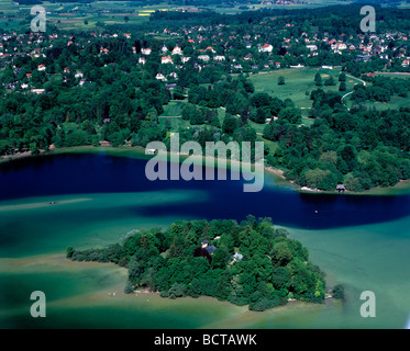Roseninsel island, aerial picture, Feldafing at Lake Starnberg, Upper ...