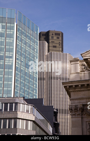View past old buildings towards the giant glass architectural tower One ...