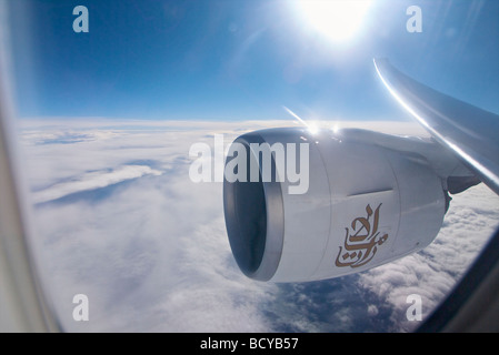 A view from the window of an Emirates Boeing 777 over the jet engine ...