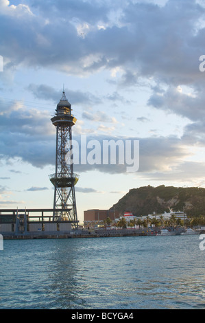 Cable car tower Jaume at sunset, Barcelona harbor, Catalonia, Spain ...
