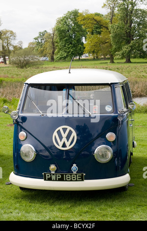 Classic iconic blue and white VW Volkswagen Camper van with lowered ...