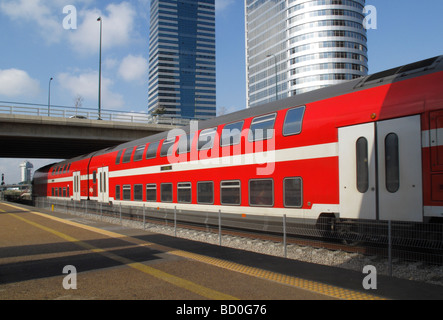 A double deck train of Israel railway at the platform of Terminal 3 at ...
