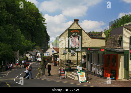 Road and shops through Cheddar Gorge Mendip Hills Somerset UK Stock ...