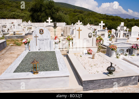 Traditional Greek cemetery with white marble tombs at Sami on the ...