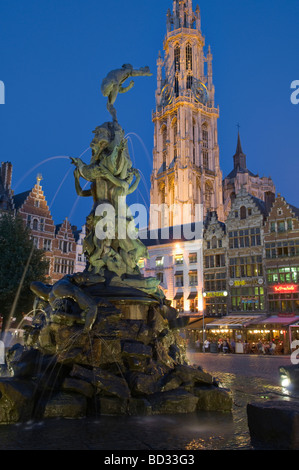 Brabo Fountain and cathedral spire Antwerp Belgium Stock Photo - Alamy