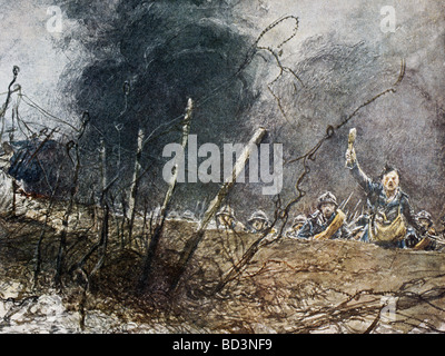 World War I French Soldiers charge across a field with rifles raised ...