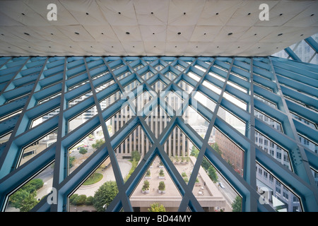 Interior view of Seattle Central Library with sloped glass roof ...