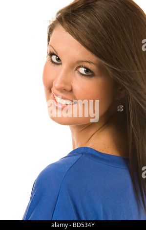 Smiling young woman on blue background Stock Photo - Alamy