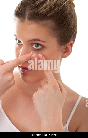 Beautiful blond woman with contact lenses box Stock Photo - Alamy
