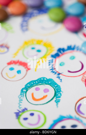 Simple children drawing with color pencil laying, colorful background ...