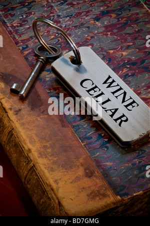 Key to wine cellar on old weathered leather embossed inventory book ...