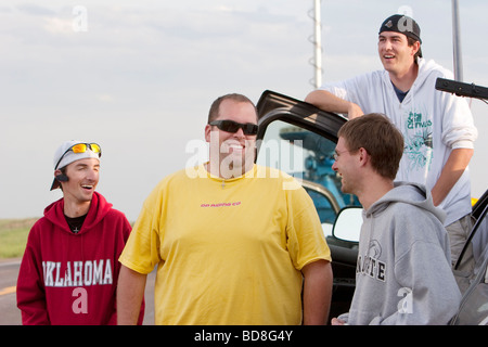 Storm chasing. Tornado researchers outside a Multi-beam Rapid-Scan ...