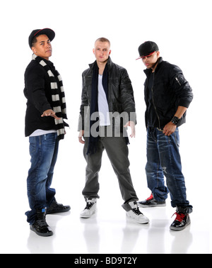Group of three hip hop guys with pitbull dog isolated on white ...