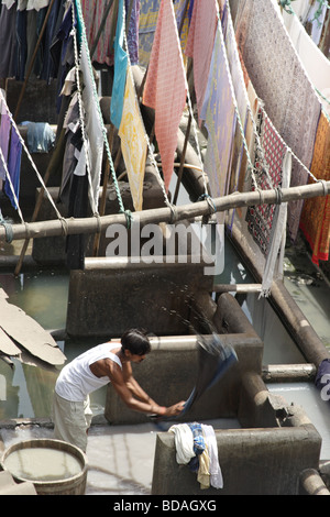 Indian man washing clothes at Mahalaxmi Dhobi Ghat or laundromat Mumbai ...