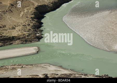 Rivers forming a delta, Indus River, Zanskar River, Ladakh, Jammu and ...