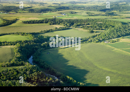 Aerial view of the Upper Iowa River bluffs in northeast Iowa on a ...
